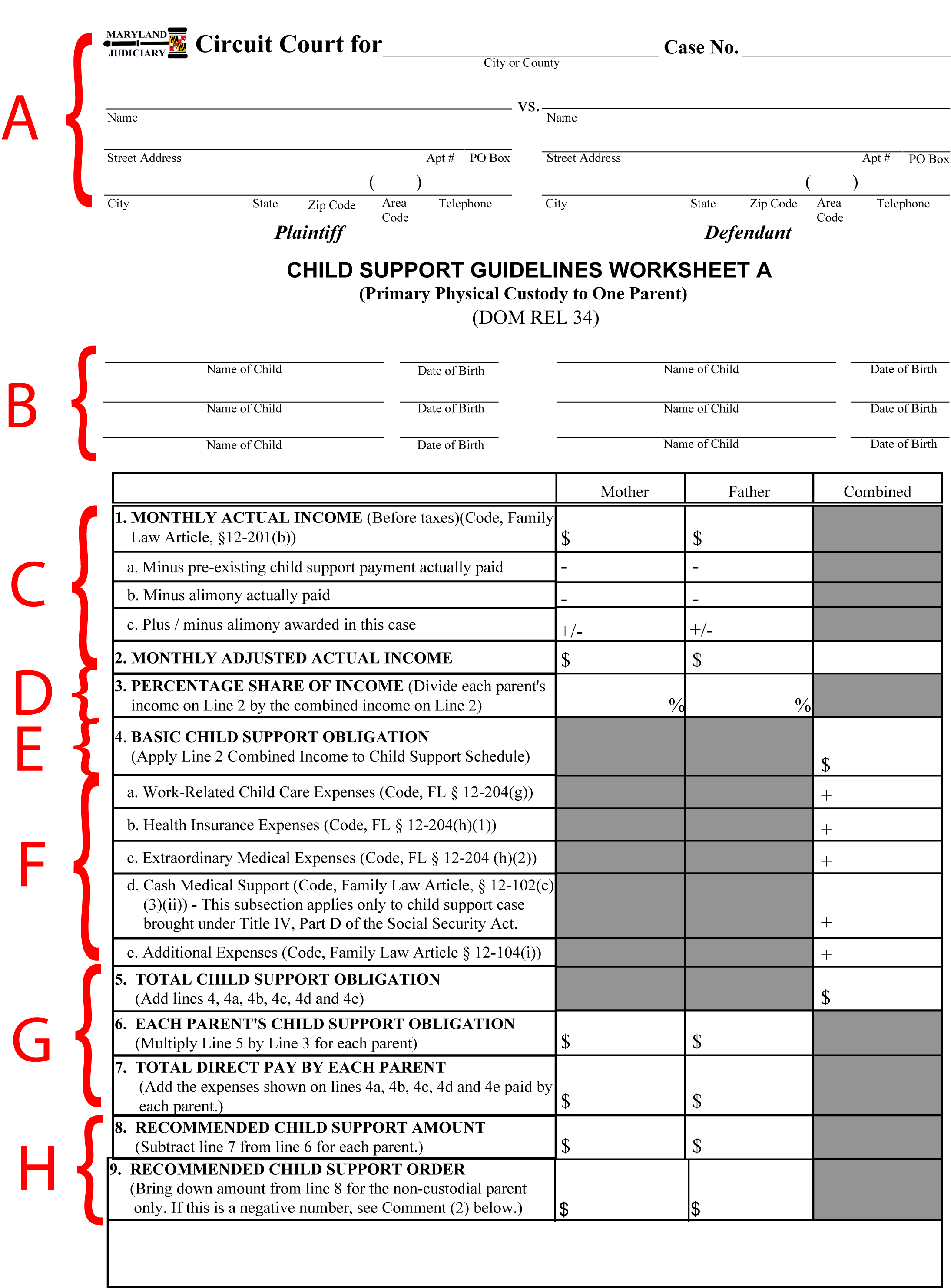 Calculating Child Support Maryland Child Support Worksheet Part 1 Sole Custody MD Legal